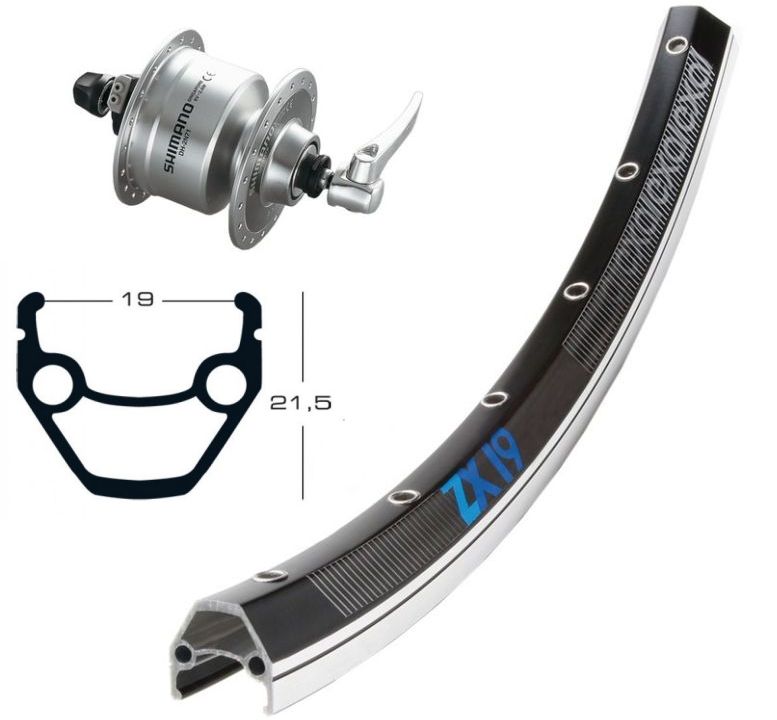 Roue avant 700 mm avec moyeu dynamo Shimano DH-3N72 et jante Exal ZX 19